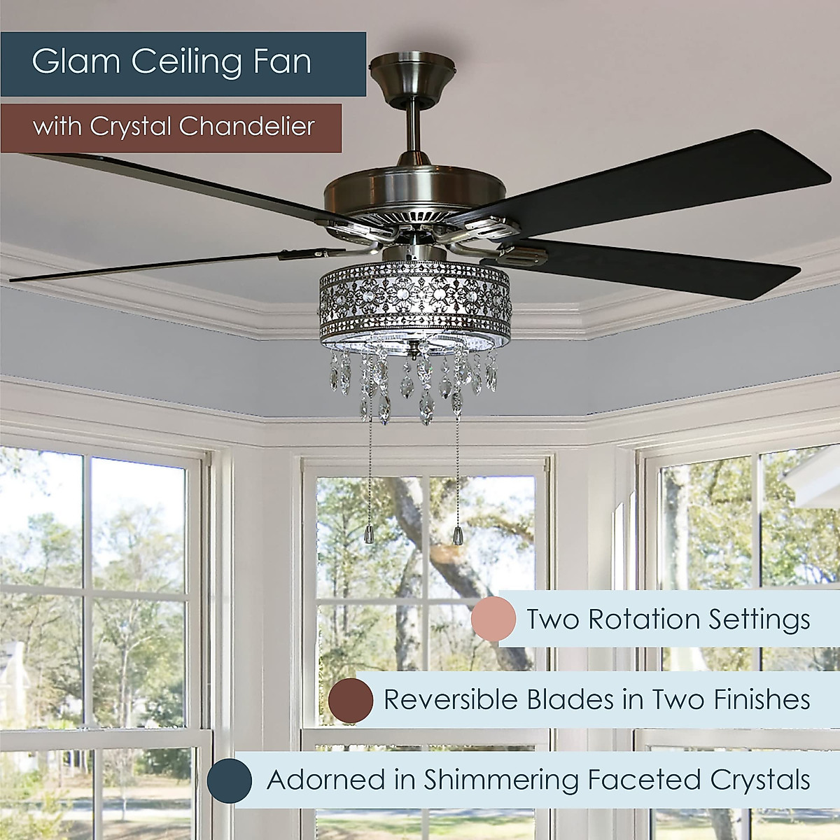 RIVER OF GOODS LED Ceiling Fan with Crystal Chandelier - 52" L x 52" W - Glam Ceiling Fan with Lights