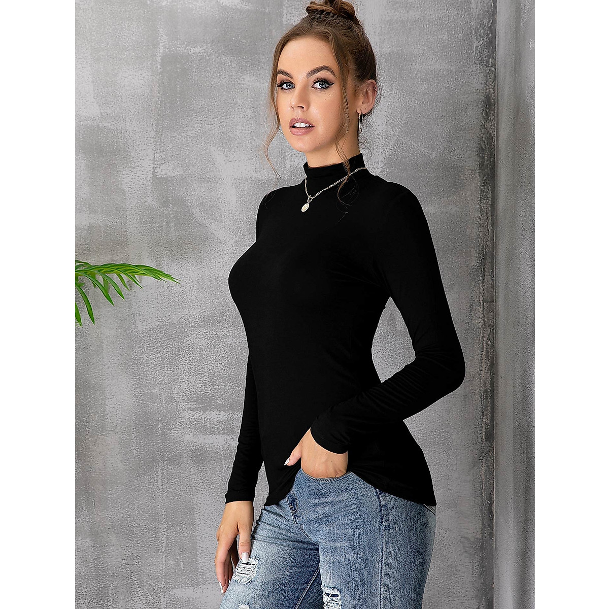 MANGDIUP Women's Mock Turtleneck Long Sleeve Pullover Tops Slim Fit Basic T-Shirts (Black, X-Large)