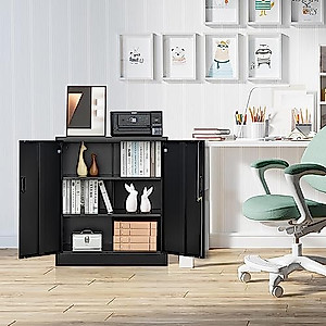 TaskStorz Metal Garage Storage Cabinets，Metal File Cabinet with 2 Adjustable Shelves, Lockable Storage Cabinets for Office, Home, Garage, Warehouse 36" H x 31.5" W x 15.7" D (Black)