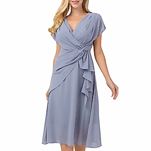 S・DEER Women's Summer Double V Neck Dress, Flutter Sleeve Ruffle Chiffon Formal Party Wedding Guest Midi Dresses(Grey,L)