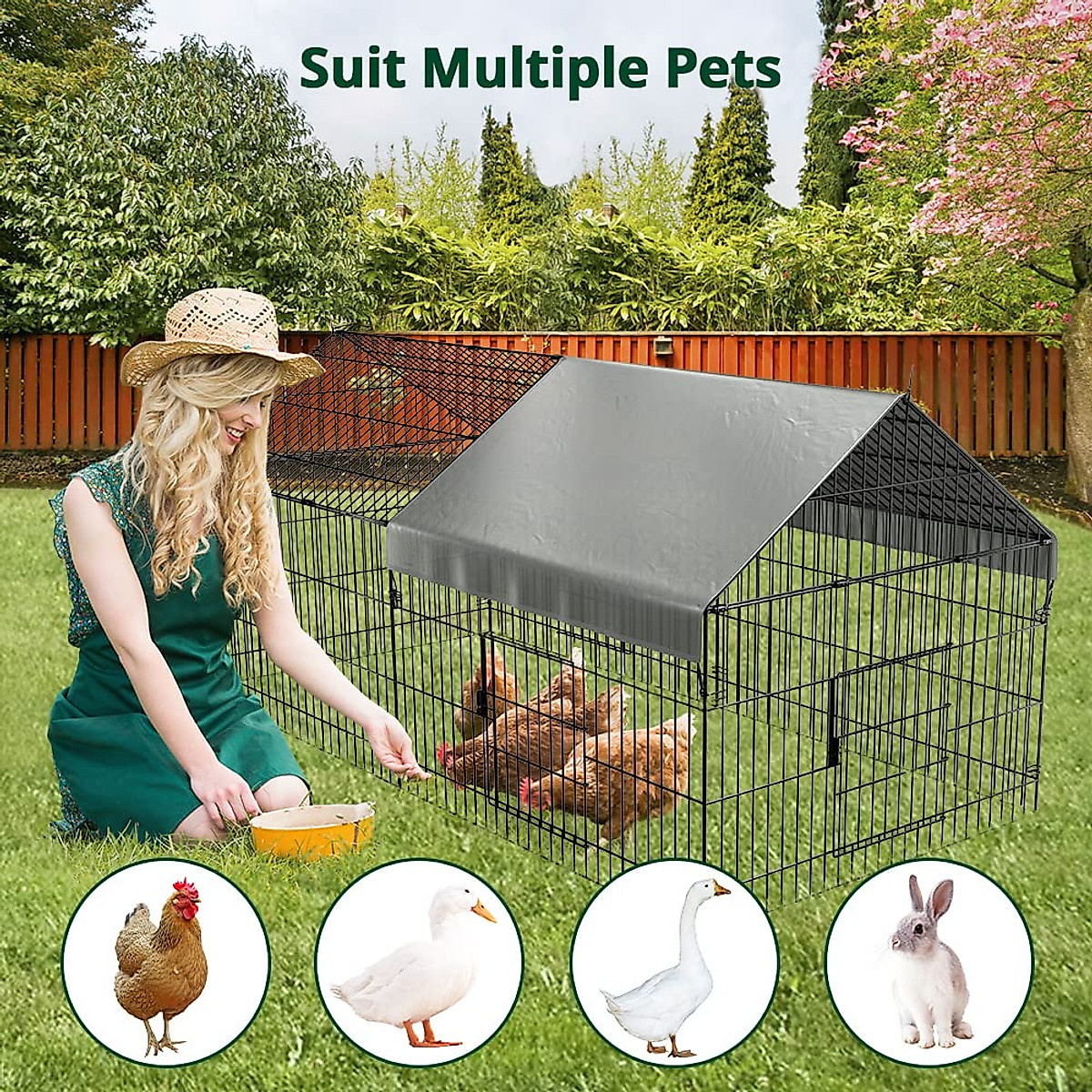 PawGiant Chicken Coop 86"×40" Chicken Run Pen for Yard with Cover Outdoor Metal Portable Chicken Tractor Cage Enclosure Crate Outside for Small Animals Duck Rabbit Hen