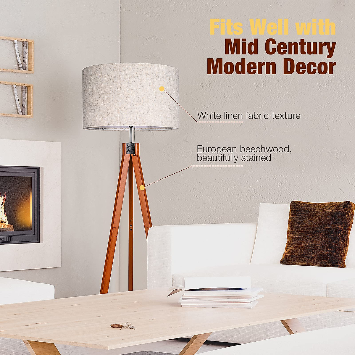 Isloys Wood Tripod Floor Lamp, 3 Color Temperatures Mid Century Modern Boho Floor Lamp, Tall Standing Lamps for Living Room Bedroom Office, Flaxen Lamp Shade with E26 Lamp Base