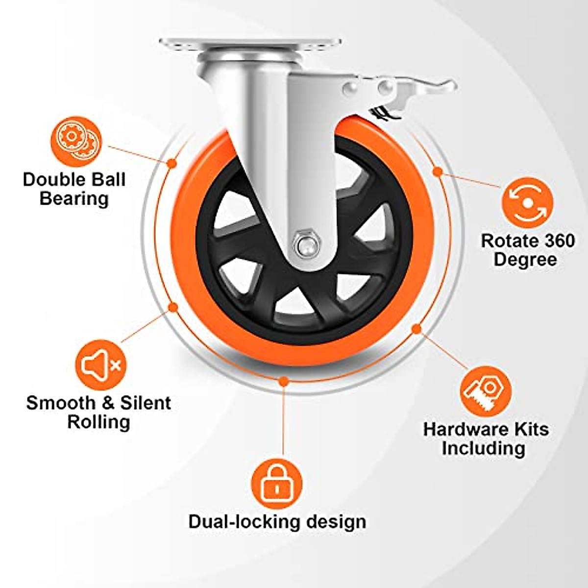 W B D WEIBIDA 6 inch Caster Wheels with Dual Locking, Casters Set of 4 Heavy Duty of 2400lbs, Premium Polyurethane No Noise Wheels for Cart, Workbench and Furniture