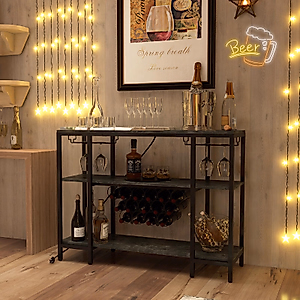 COSTWAY Wine Bar Cabinet, 3-Tier Home Mini Bar for Liquor w/Power Outlets, Glass Holder, Wine Rack, Anti-Tipping Kit, Metal Coffee Bar Table for Home Apartment Kitchen Living Room Pub (Black & Grey)