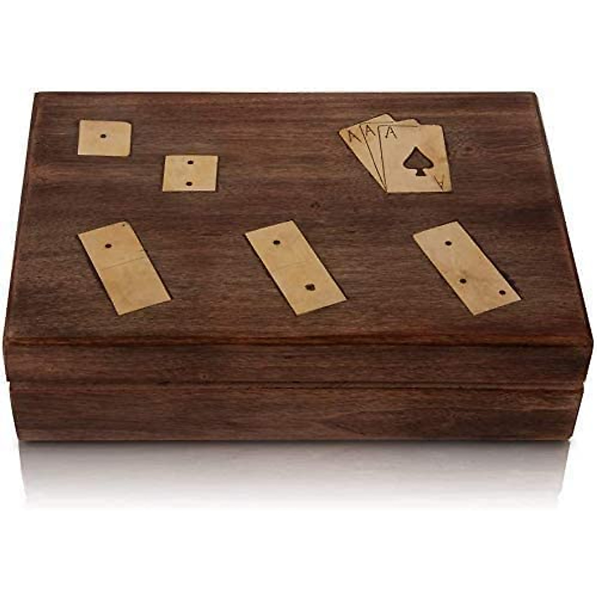 Great Gift Ideas Wooden Playing Card Box with 5 Dice & 28 Dominoes Tiles Game Set Deck Pack Case Holder Storage Accessories Organizer with Playing Cards Classic Table Game