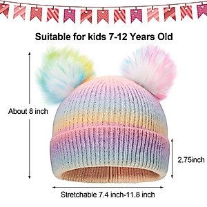 ACTLATI Kids Winter Knitted Beanie Hat Colorful Pompom Ears Ski Hat for Boy Girl(Ages 7-12)