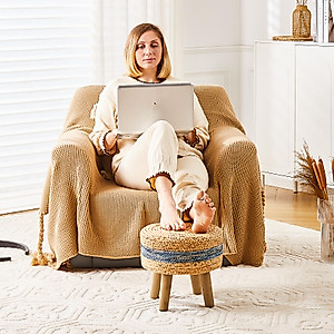 Cpintltr Round Ottoman Natural Seagrass Footstool Hand Weave Water Hyacinth Poufs Eco Friendly Sofa Foot Stool Soft Step Stool Padded Foot Rest with Pine Legs for Living Room Bedroom Blue