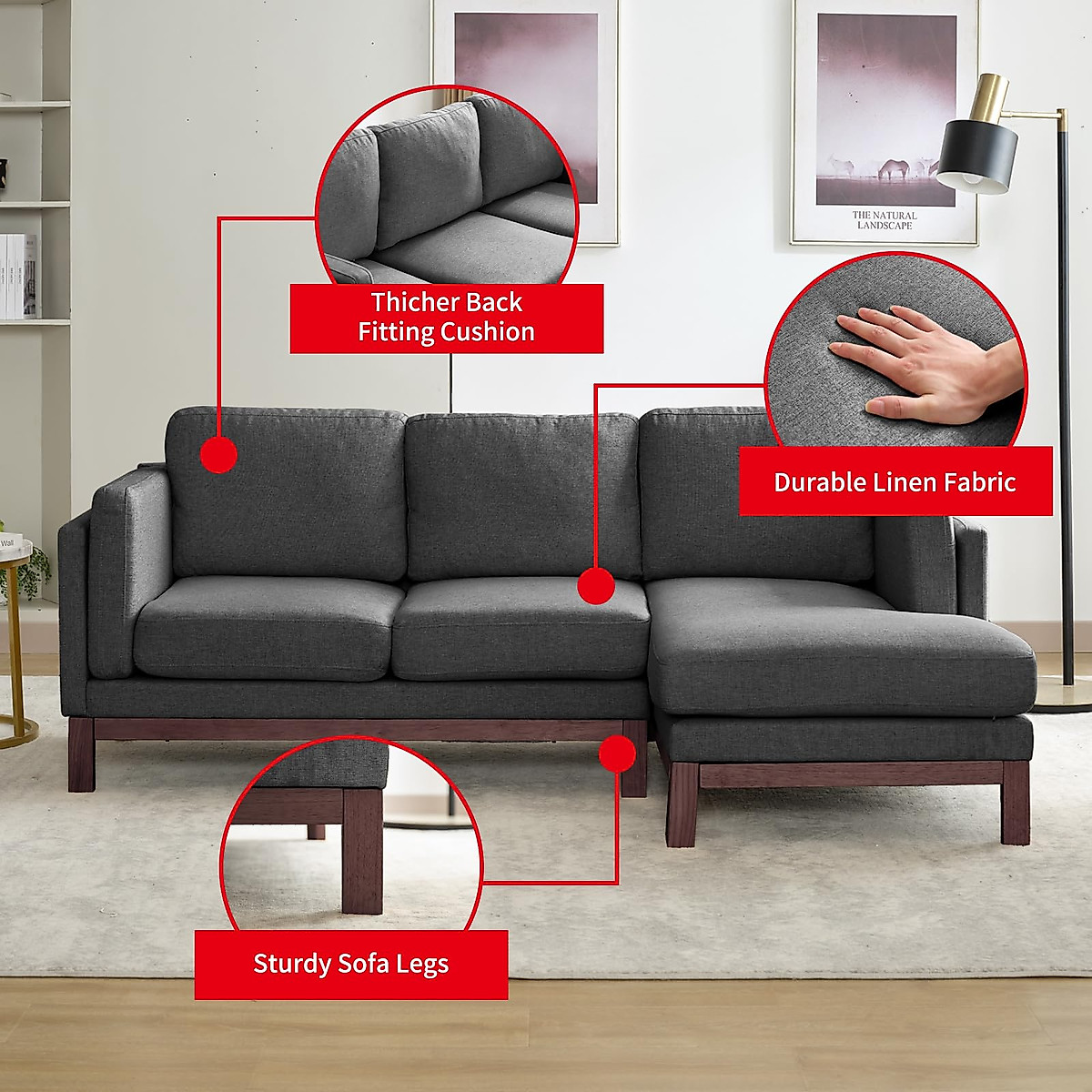 PUREMIND 84 Inches L Shaped Sectional Sofa, Convertible Sectional Couch with Reversible Chaise, Linen 3-Seat Couches with Thick Cushion for Living Room Dark Grey