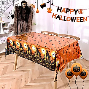 Cusfele 2 Pack Halloween Tablecloth with Banner Hanging Decorations, 54x72 Inch Rectangle Plastic Table Cover Halloween Indoor Outdoor Indoor Decor Party Supplies