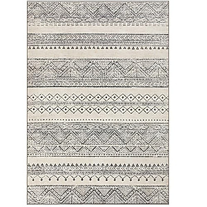 Area Rugs 9x12 Living Room: Large Machine Washable Rug with Non-Slip Backing Non Shedding Stain Resistant, Soft Geometric Moroccan Carpet for Dining Room Bedroom Nursery Home Office-Deep Gray/Cream