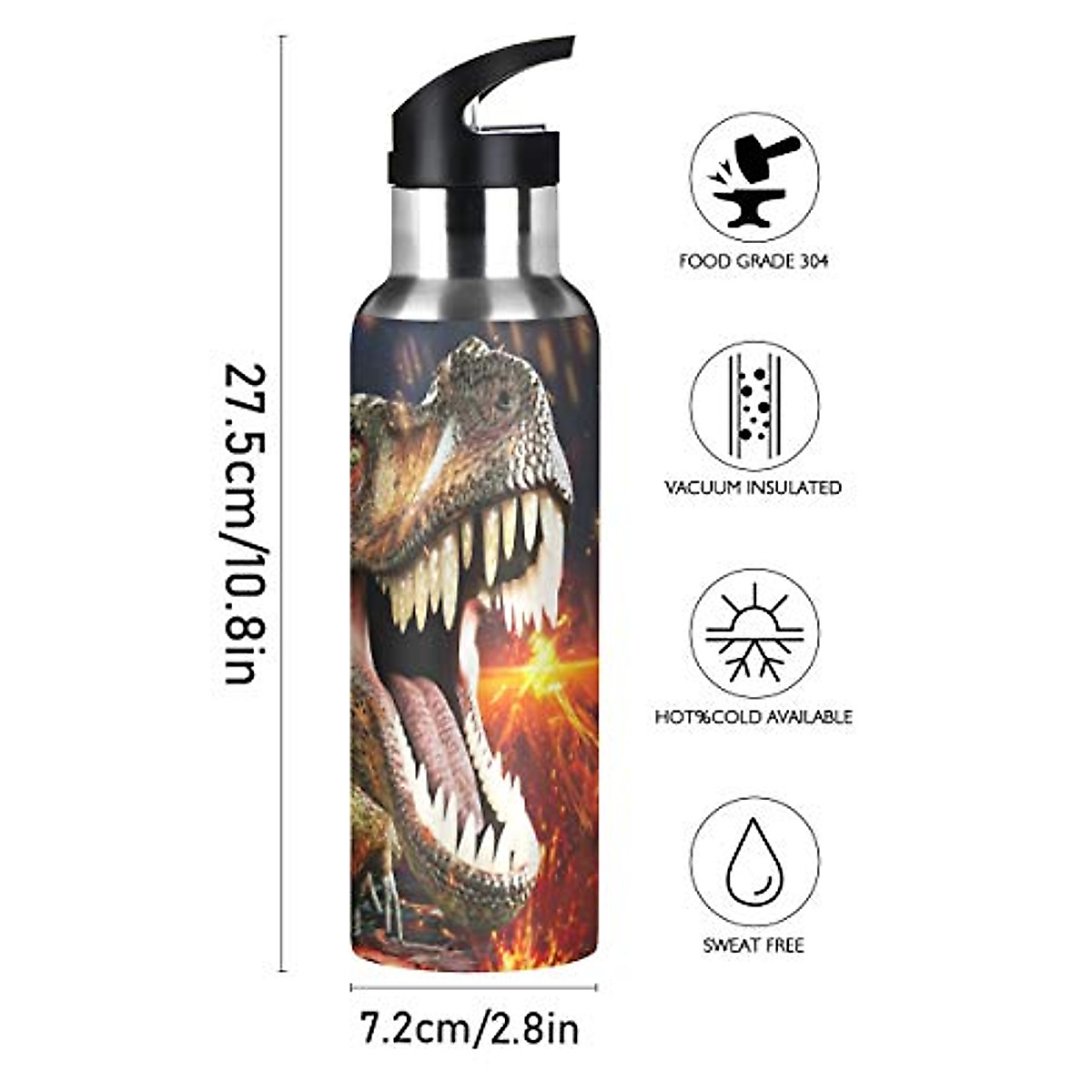 Dinosaur 3D T-Rex Water Bottle with Straw Lid Thermos Kids Insulated Stainless Steel Water Flask Sports, 20 Oz Hot Cold