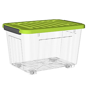 Cetomo 35L*3 Plastic Storage Box,Transparent, Tote box,Organizing Container with Durable green Lid and Secure Latching Buckles, Stackable and Nestable, 3Pack, with Buckle