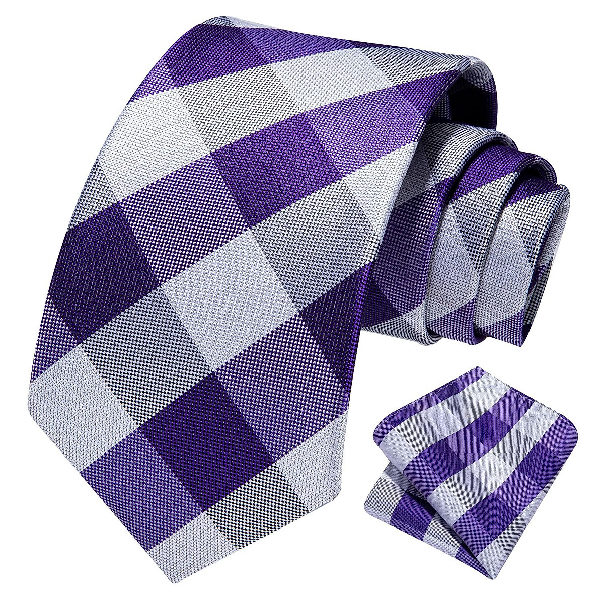 HISDERN Purple Ties for Men Plaid Checkered Tie with Pocket Square Woven Business Formal Necktie Handkerchief Set Wedding Party