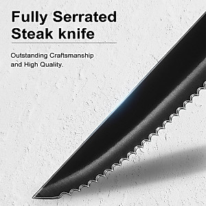 YUNYDSM Steak Knives Set of 8, Stainless Steel Serrated Steak Knife, Sharp Serrated Edges, Comfortable Grip Ergonomic Non-Slip Handle, Dishwasher Safe(8.5in Black)