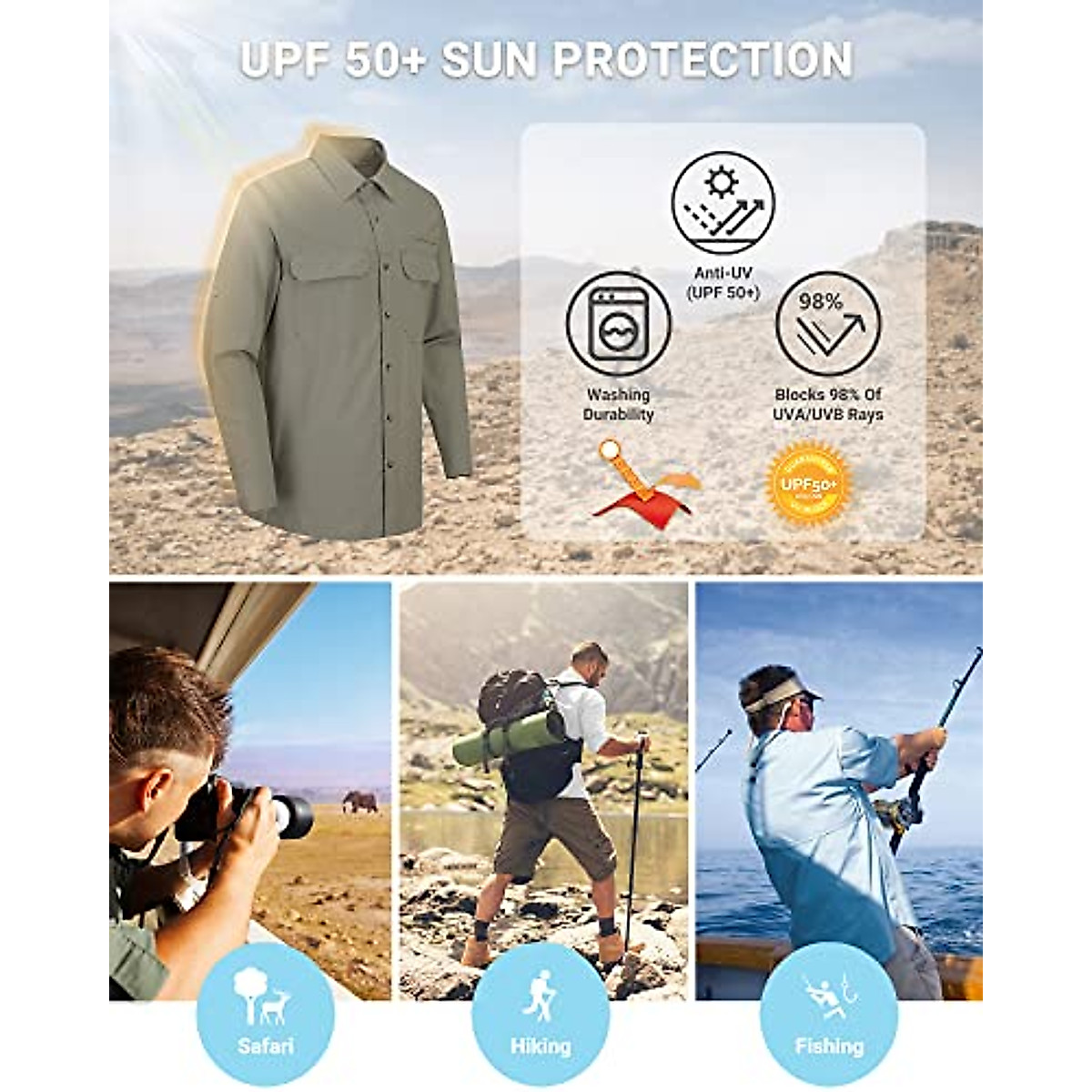 Outdoor Ventures Men's UPF 50+ UV Sun Protection Shirt, Long Sleeve Hiking Fishing Shirt Cooling Quick Dry for Safari Travel Green Gray