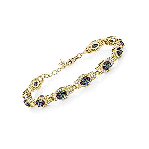 Gem Stone King 10.20 Ct Oval Green Mystic Topaz 18K Yellow Gold Plated Silver 7 Inch Bracelet For Women With 1 Inch Extender