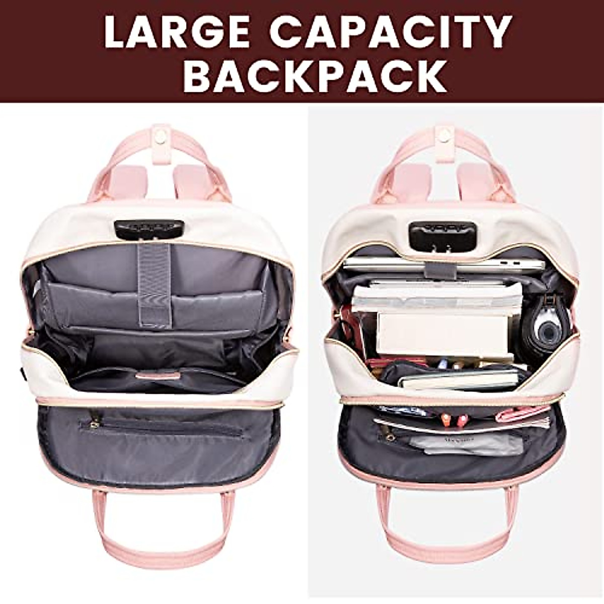 LOVEVOOK Laptop Backpack Women, Fits 15.6 Inch Laptop Bag, Fashion Travel Work Anti-theft Bag with Lock, Business Computer Waterproof Backpack Purse, University Backpacks, Beige-Pink-Pink