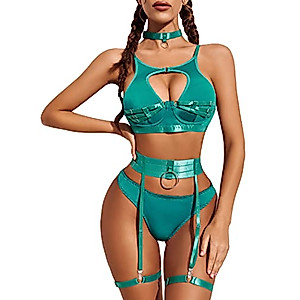 Avidlove Garter Lingerie Set for Women Sexy Push Up Lingerie Set 5 Piece Bondaged Lingerie Set Strappy Lingerie Set Blue Green
