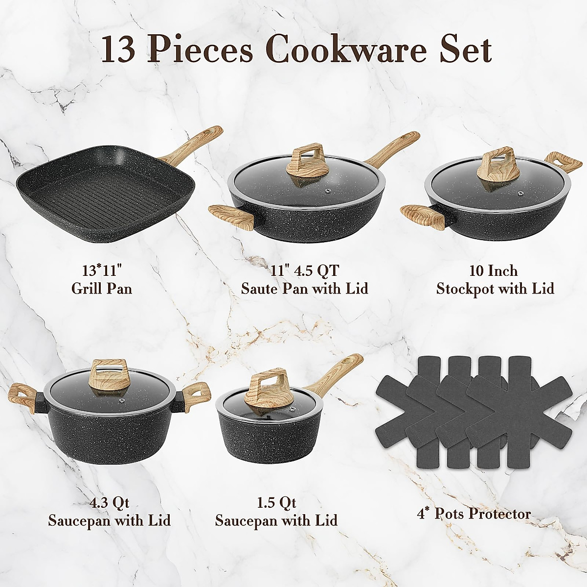 SODAY 13Pcs Pots and Pans Set Nonstick Cookware Sets, Black Granite Induction Cookware Non Stick Cooking Set with Frying Pans & Saucepans(Non PFOS, PFOA)