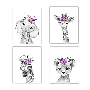 Baby Girl Nursery Wall Art Purple Floral Safari Animals Elephant Giraffe Lion Zebra Room Decor 4 UNFRAMED PRINTS