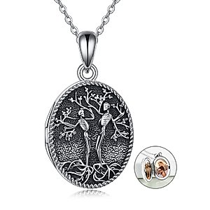 ONEFINITY Skull Locket Necklace Sterling Silver Skeleton Tree of Life Locket Necklace That Holds Pictures Couple Skull Locket Pendant Halloween Jewelry Gifts for Women Wife Mom