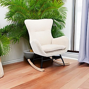 FENFSHE Nursery Rocking Chair with High Backrest and Armrests, Teddy Velvet Upholstered Baby Rocking Chair for Baby Nursery,Living Room,Bedroom (Beige)