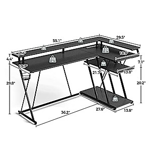 SEVEN WARRIOR L Shaped Gaming Desk with LED Lights & Power Outlets, 55” Reversible Corner Desk with Storage Shelf, Computer Desk with Monitor Stand, Gaming Table with Cup Holder, with Hooks, Black