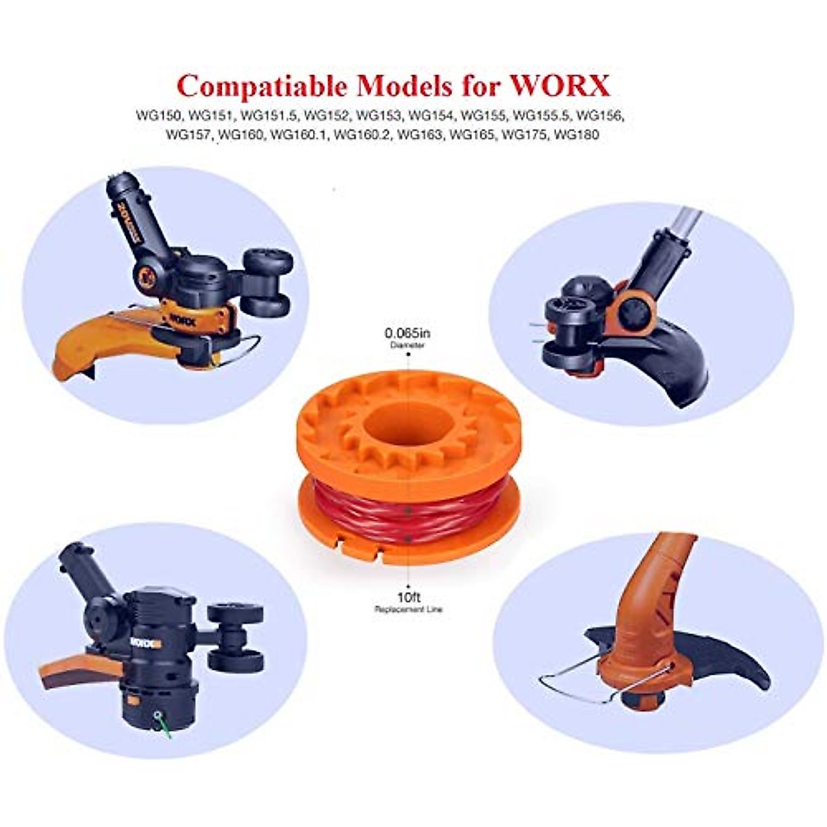 WA0010 Replacement Trimmer Line for Select Electric String Trimmers,Trimmer Spool Line for Worx,0.065 Edger Spool for Worx Trimmer Spools Weed Eater String,Weed Wacker Spool Parts 6Pcs