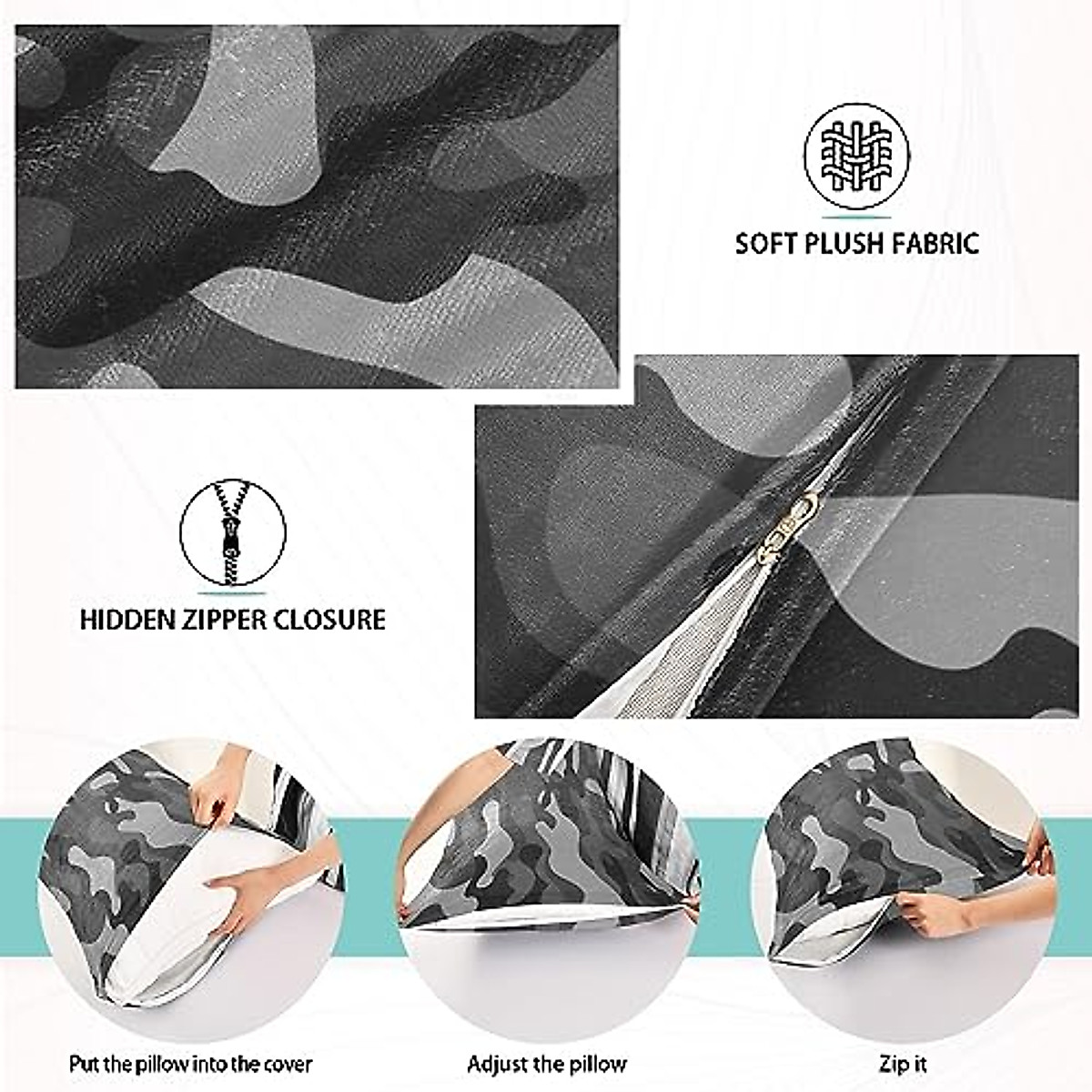 Gray Classic Camouflage Pillow Cases King Size Velvet Pillow Covers Super Soft Decorative Pillowcase with Zipper for Bed Bedroom Sofa Couch Home Decor