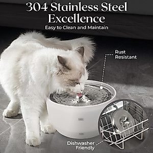 Standpoint Cat Water Fountain, 3L Ultra-Quiet Stainless Steel with White Bowl Dog & Cat Water Dispenser with Filter – Perfect for Pet Hydration