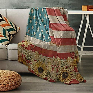 Possta Decor Retro American Flag with Farm Sunflowers Throw Blanket, Lightweight Cozy Warm Throws Wooden Texture, Super Soft Fuzzy Plush TV Blankets for Living Room Bedroom Bed Couch Chair