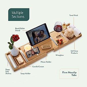 Luxurious Bamboo Bathtub Tray for Tub - Expandable Bath Tray for Bathtub Accessories, Seats One or Two People - Durable Bathtub Caddy Holds Tablet/Book, Phone, Wineglass