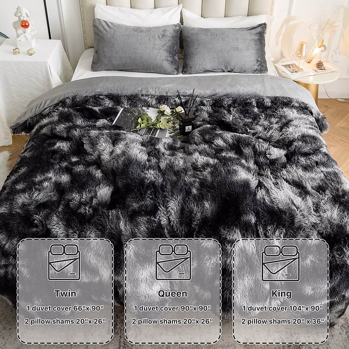 CHOSHOME Plush Shaggy Duvet Cover Queen Size, 3 PCS Fluffy Comforter Fuzzy Flannel Bedding Sets(1 Faux Fur Duvet Cover + 2 Pillowcases), Zipper Closure & 8 Corner Ties, Tie-Dye Dark Grey
