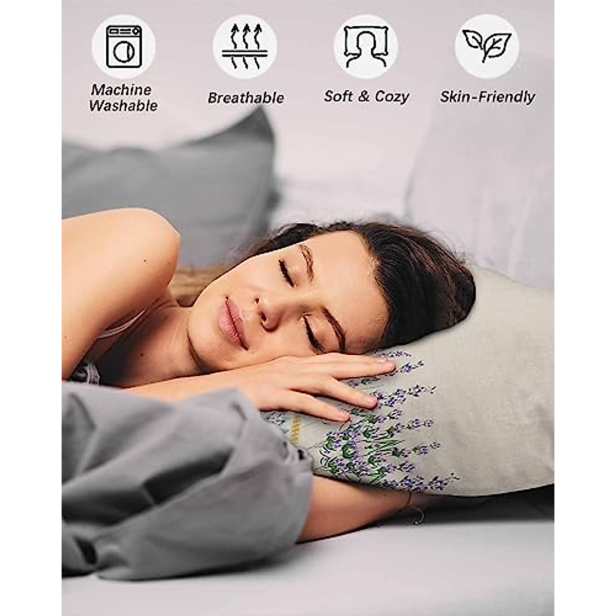 Edwiinsa Boho Flower Pillow Covers Standard Size Set of 2 20x26 Bed Pillow, Spring Floral Purple Modern Geometric Plush Soft Comfort for Hair/Skin Cooling Pillowcases with Envelop Closure