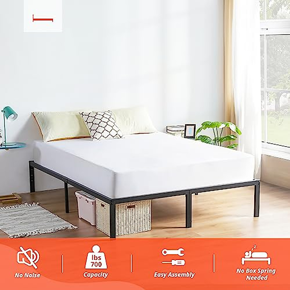 PrimaSleep 18 Inch Heavy Duty Steel Slat Anti-Slip Support, Easy Assembly Platform Bed frame, Noise Free Steel Mattress Foundation, Maximum Storage, No Box Spring Needed, Black, King Size