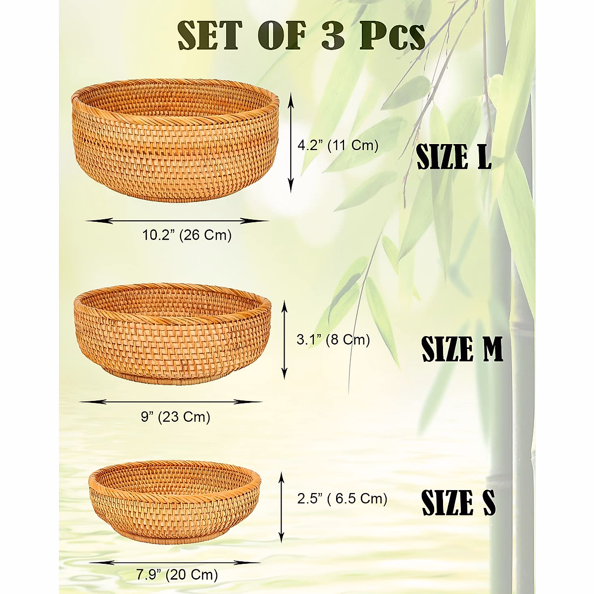 VNTRUEPRO Rattan Basket Bread Baskets For Serving Wicker Fruit Basket, Round Basket Rattan Baskets For Storage Fruit Baskets For Kitchen Counter Baskets For Serving Food Bamboo Basket (Size LMS, 3Pcs)