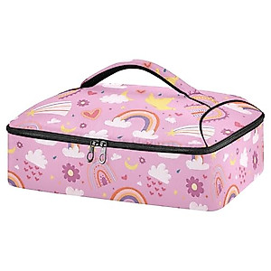 Kcldeci Insulated Thermal Food Carrier Insulated Casserole Carrier for Hot or Cold Food,Cartoon Rainbows Clouds Stars Heart Insulated Tote Bag for Potluck Cookouts Parties Picnic,Lasagna Lugger