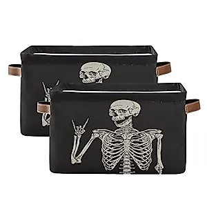 Human Skeleton Skull Storage Basket Bins, Funny Gothic Halloween Decorative Baskets Storage Box Collapsible Storage Cubes Organizer with Handles for Nursery Shelf Closet Office Home Bedroom, 2 Pack