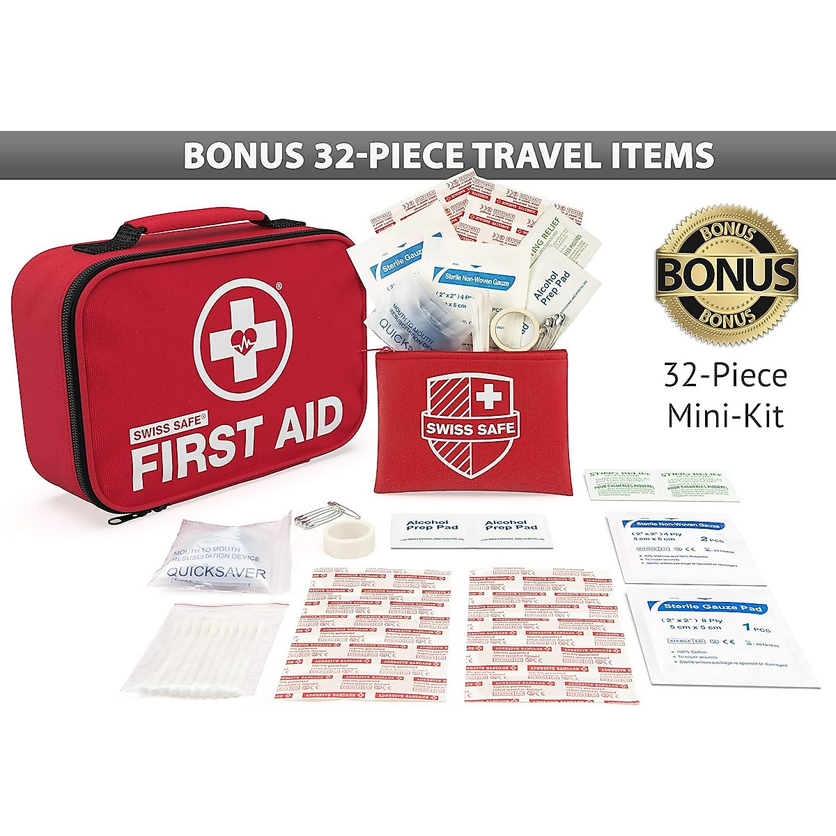 Swiss Safe 2-in-1 First Aid Kit for Car, Travel & Home, Businesses - Bonus Mini Kit for Medical Emergency Aid, Survival, Camping - FSA & HSA Eligible 120+32-Pcs, 1Pk -Red-Small+Travel