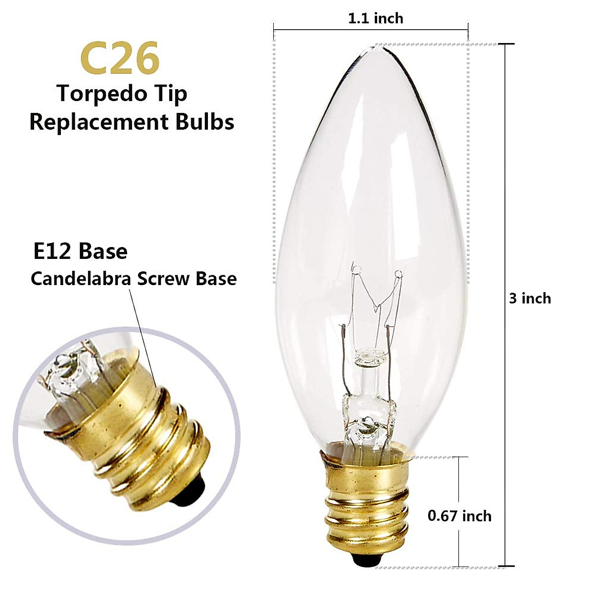 25 Pack Clear Torpedo Tip Replacement Bulbs, Replacement Light Bulbs for Electric Candle Lamps, Window Candles, Chandeliers- Clear Incandescent E12 Candelabra Base Light Bulbs- 120V 7 Watts Bulbs