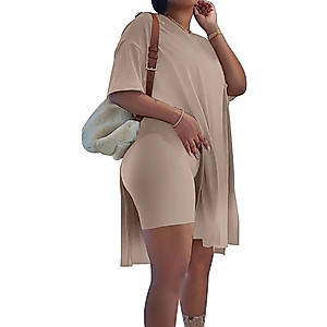 AXOSY Women Plus Size 2 Piece Outfits Short Sleeve Tunic Tops and Skinny Biker Shorts Sets Tracksuits Brown,3X-Large