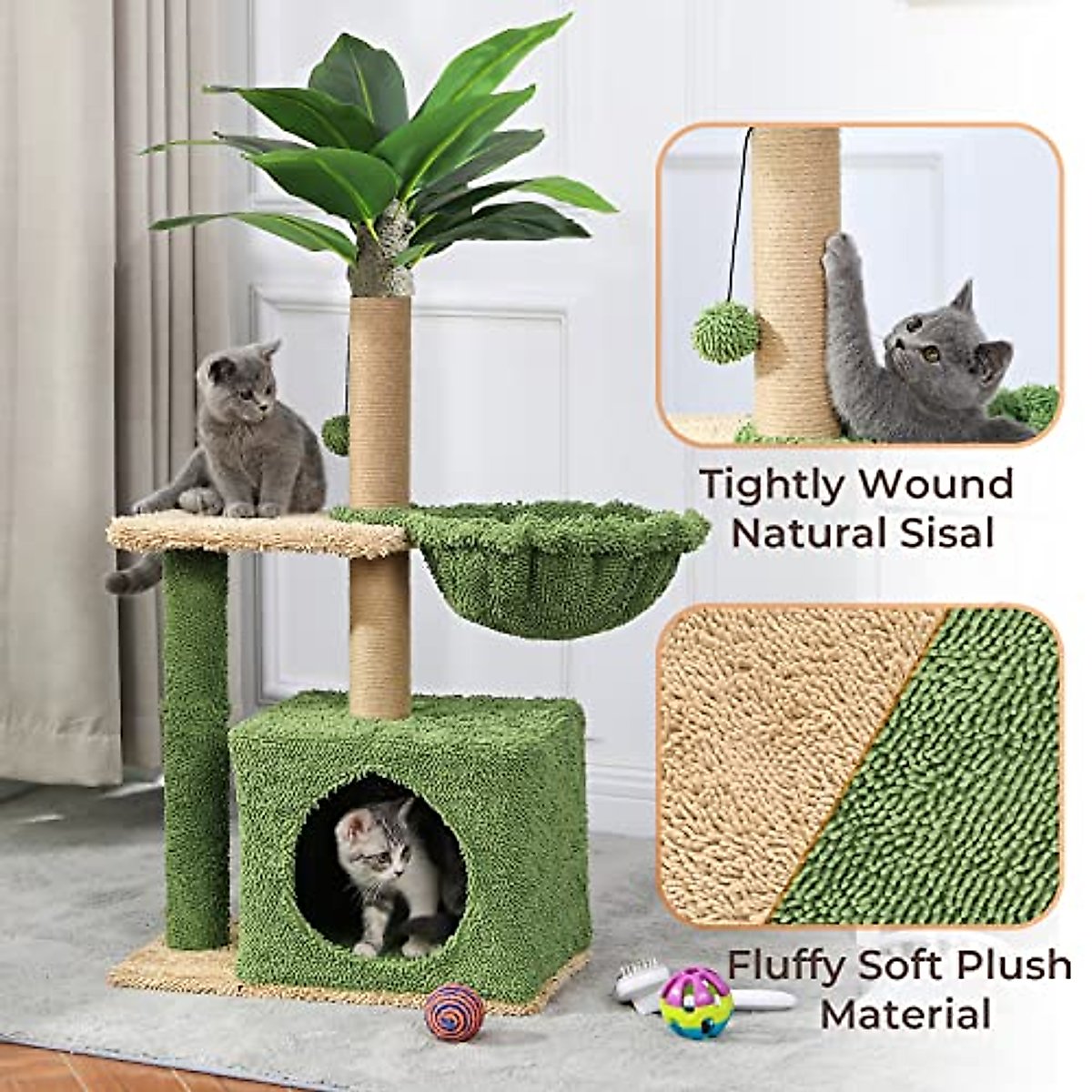 MSmask Cat Tree with Square Condo, Artificial Palm Tree Cat Tower with Sisal Scratching Post, Hammock, Plush Platform, Climbing Nature Cat Tree for Indoor Cats