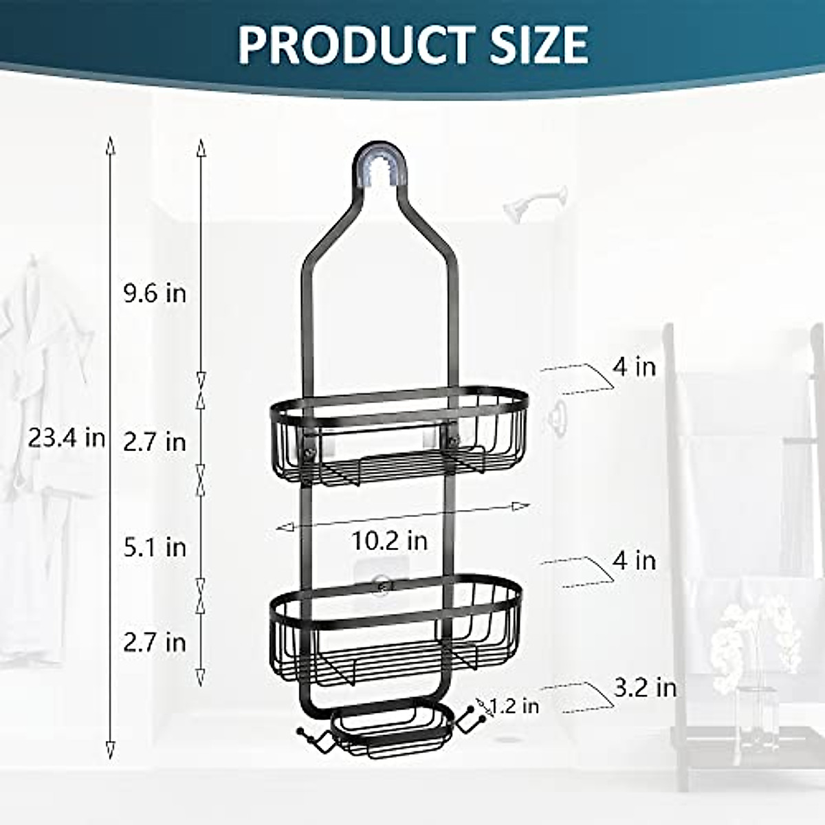 GAKEIHOO Hanging Shower Caddy, Non Drilling Shower Caddy Over Shower Head with Hooks for Razor and Sponge, Rustproof Shower Racks for Inside Shower for Bathroom & Shower Room(Black)