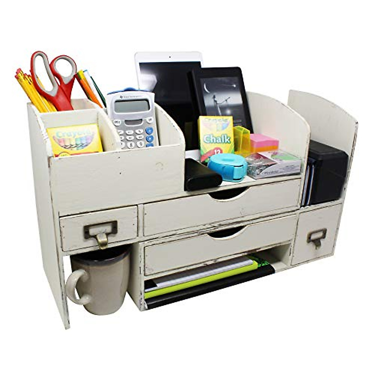 Executive Office Solutions Large Adjustable Wooden Office Desk Organizer For Desktop, Tabletop, or Counter – Wood Storage Shelf Rack – For Office Supplies, Desk Accessories, or Mail - White