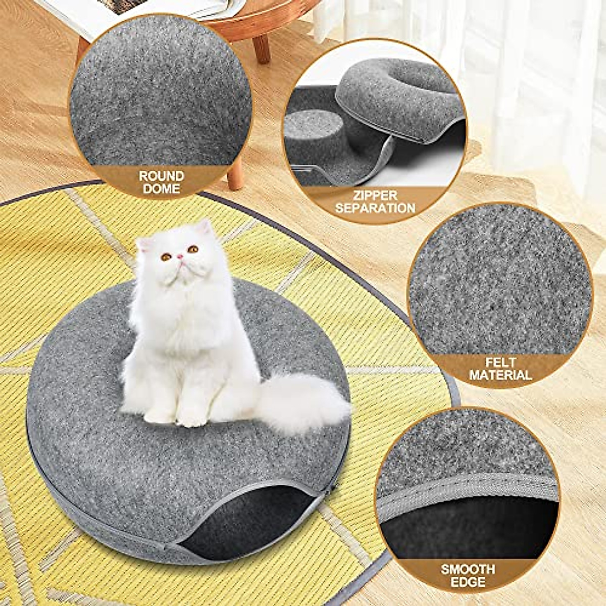 Cat Tunnel Bed, Cat Cave Bed ，Beds for Indoor Cats - Large Cat House for Pet Cat Cave ，Detachable Round Felt & Washable Interior Cat Play Tunnel for Small Pets (24 Inch, Dark Grey)