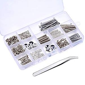 Canomo 254 Pieces Electric Guitar Screw Kit (9 Types) with Springs for Electric Guitar Bridge, Pickup, Pickguard, Tuner, Switch, Neck Plate, Guitar Strap Buttons and A Elbow tweezers, Chrome