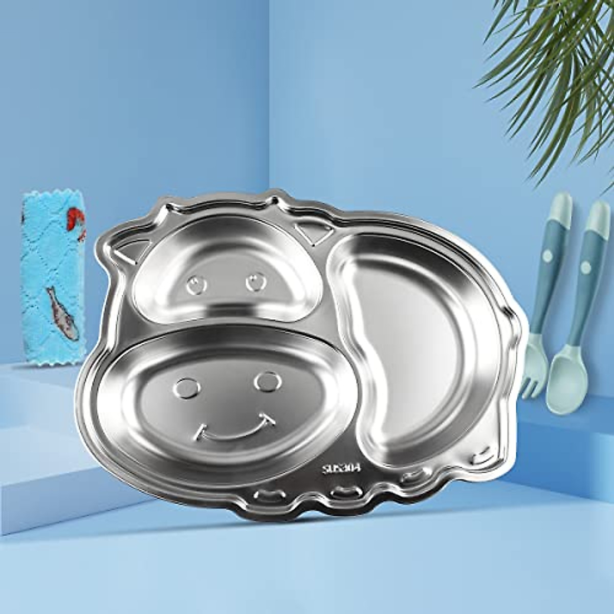 HOLIPOT 304 Stainless Steel Divided Plates, Food-Grade Toddlers Babies Kids Tray, 1300 Ml Toddler Plates with Suction, Self Feeding Training Kids Plates,Fits for Most High chairs Trays(Hippo)