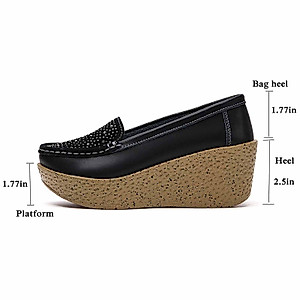 Women's Platform Wedge Slip-On Loafers,Rhinestone Comfortable Walking Shoes,Genuine Leather Fashion Wedge Sneakers (Black,7)