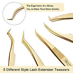 Volume Eyelash Extensions Tweezers Set 5 PCS,Stainless Steel Lash Tweezers Curved Precision Tweezers Application