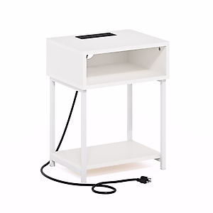 Furinno Moretti USB and Type-C Charging Port Open Storage Side Table with Metal Frame, White/White